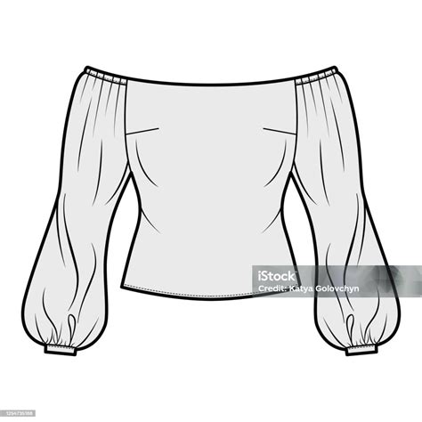 오프 숄더 탑 테크니컬 패션 일러스트와 롱 시스루 푹신한 소매 백 지퍼 패스닝 0명에 대한 스톡 벡터 아트 및 기타 이미지