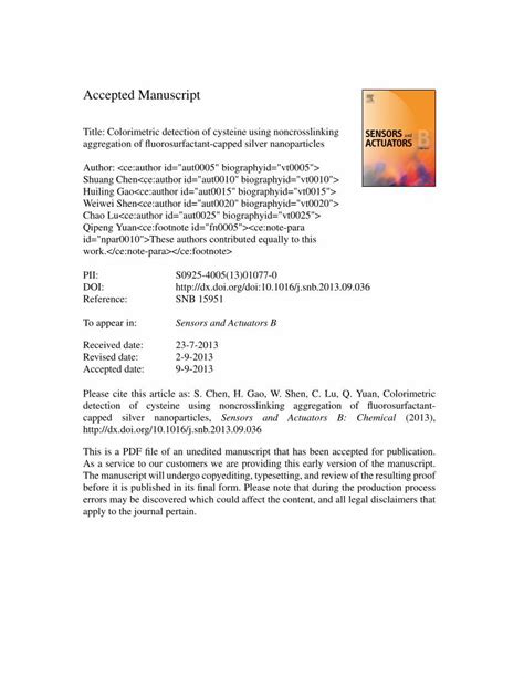 Pdf Colorimetric Detection Of Cysteine Using Noncrosslinking Aggregation Of Fluorosurfactant