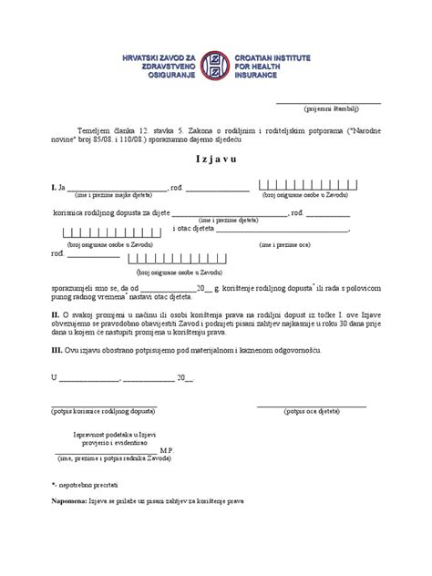 Izjava Roditelja O Prijenosu Prava Pdf Pdf