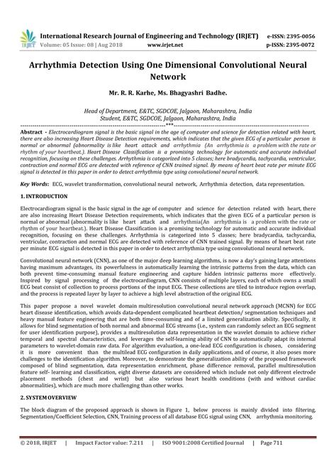 Irjet Arrhythmia Detection Using One Dimensional Convolutional Neural