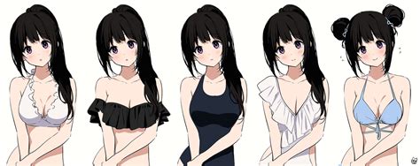 bikini black hair blush breast hold breasts chitanda eru cleavage hyouka long hair mery ...