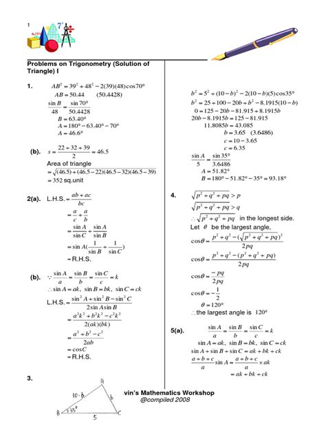 Problems On Trigonometry Solution Of Triangle I Core Sol Pdf