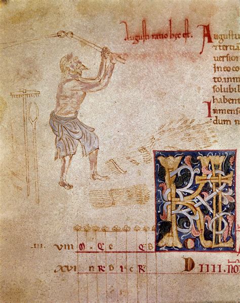 A Peasant Beating The Wheat Month Of August Miniature