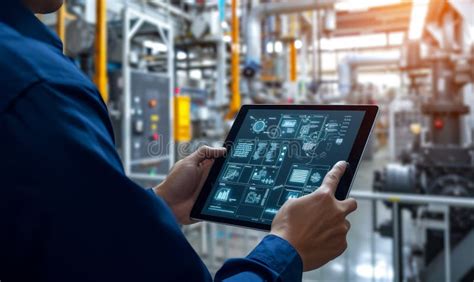Engineer Hand Using Tablet With Machine Real Time Monitoring System Software Stock Illustration
