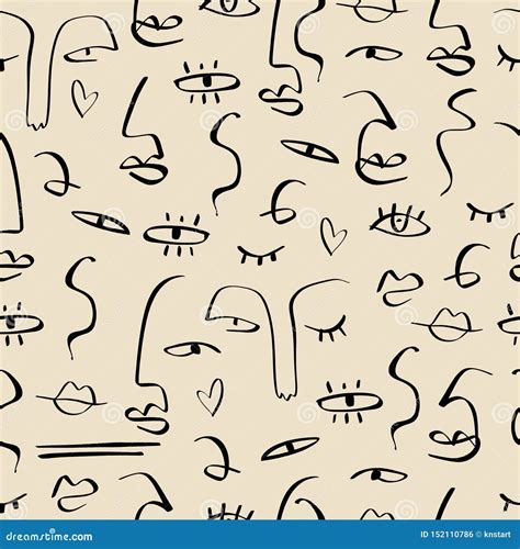 One Line Drawing Abstract Faces Seamless Pattern Modern Aesthetic Print Minimalism Contour