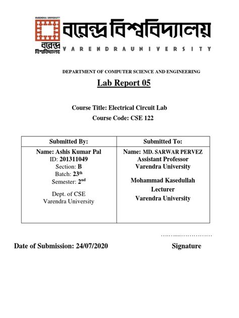 lab report 05 course title electrical circuit lab course code cse