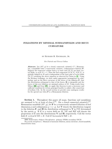 Foliations By Minimal Submanifolds And Ricci Curvature Pdf Curvature Mathematical Concepts