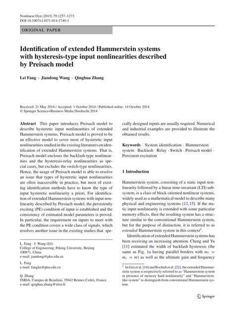 Pdf Identification Of Extended Hammerstein Systems With Hysteresis Type Input Nonlinearities