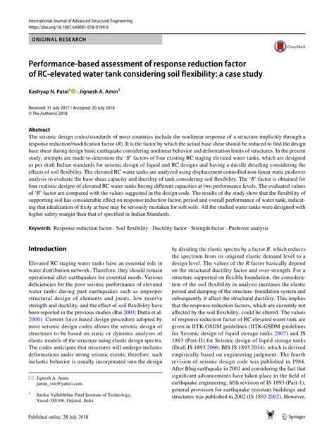 Pdf Performance Based Assessment Of Response Reduction Factor Of Rc Elevated Water Tank