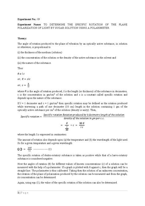 9specific Rotation Experiment No 09 Experiment Name To Determine