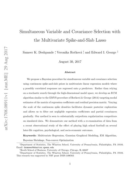 Pdf Simultaneous Variable And Covariance Selection With The
