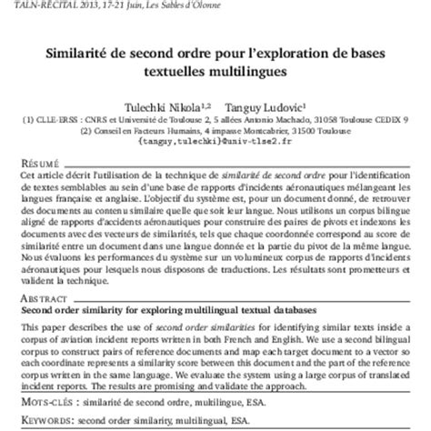 Second Order Similarity For Exploring Multilingual Textual Databases Similarité De Second Ordre