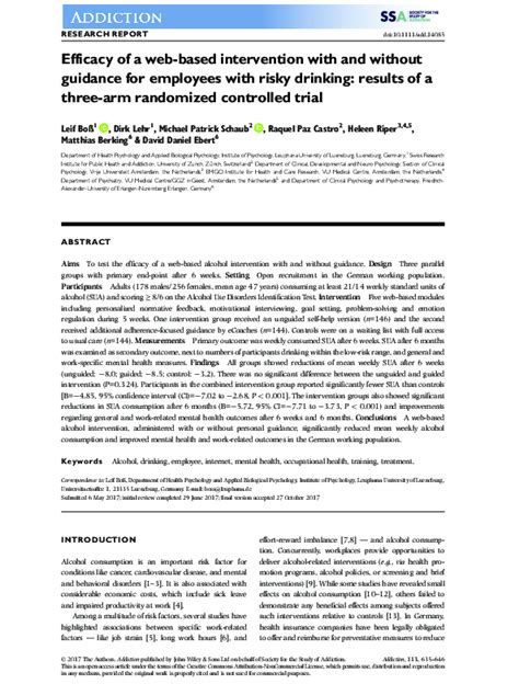 Pdf Efficacy Of A Web Based Intervention With And Without Guidance For Employees With Risky