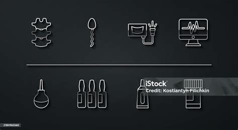세트 라인 인간의 척추 관장 심장 조영 모니터 연고 크림 튜브 약 의료용 바이알 앰플 정자 약 병 및 알약 및 초음파 아이콘 벡터 개념에 대한 스톡 벡터 아트 및 기타