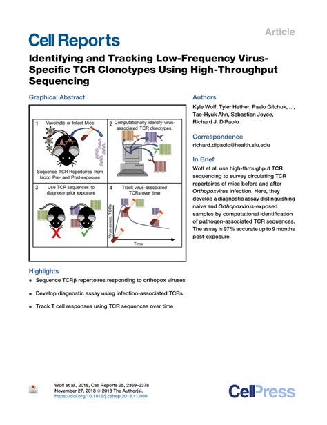 PDF Identifying And Tracking Low Frequency Virus Specific TCR Clonotypes Using High Throughput