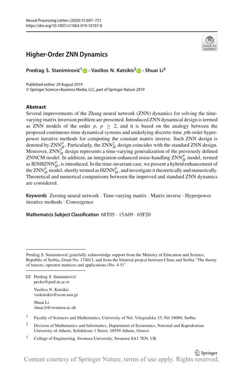 Higher Order Znn Dynamics Request Pdf