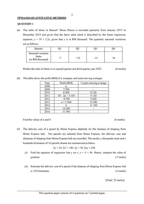 FPMA QUANTITATIVE METHOD Exercises FPMA QUANTITATIVE METHODS QUESTION A The