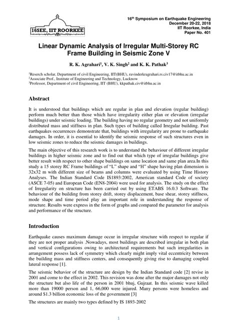 Pdf Linear Dynamic Analysis Of Irregular Multi Storey Rc Frame Building In Seismic Zone V