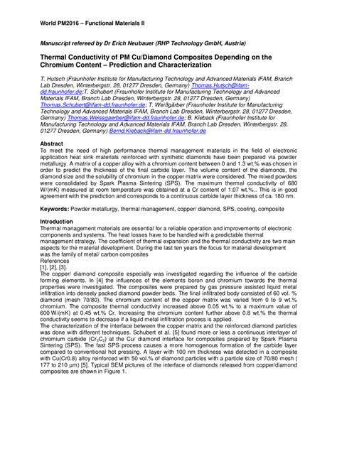 Pdf Thermal Conductivity Of Pm Cu Diamond Composites Depending On The Chromium Content