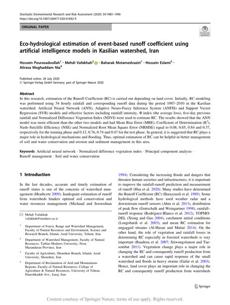 Eco Hydrological Estimation Of Event Based Runoff Coefficient Using Artificial Intelligence
