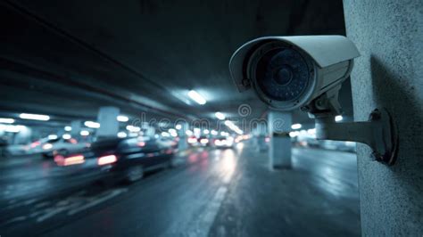 A 4k Photo Of Parking Garage A Security Camera Installed On A Concrete Pillar Watching Over A