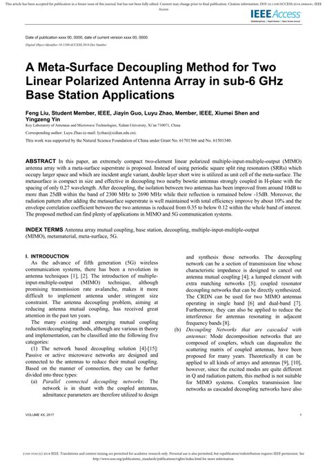 Pdf A Meta Surface Decoupling Method For Two Linear Polarized Antenna Array In Sub 6 Ghz Base