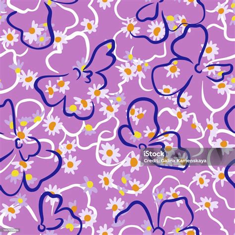 여름 자연 식물 배경 크고 작은 데이지 꽃 플로럴 매끄러운 패턴 윤곽 선개 그림입니다 심플한 디자인의 플랫 섀도우 플라워 장식 직물과 직물에 적합합니다 0명에 대한 스톡