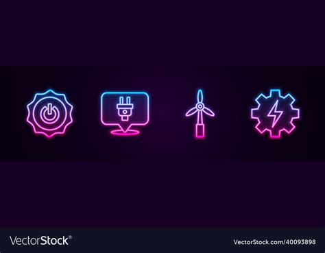 Set Line Power Button Electric Plug Wind Turbine Vector Image