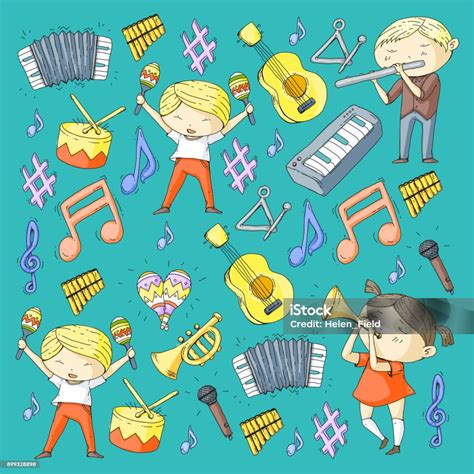 음악 악기 드럼 플 룻 아코디언 트럼펫 피아노 음악 성능 및 학교 연령 어린이 어린이 오케스트라와 음악 뮤지컬 극장 유치원