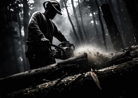 Premium Ai Image A Laborer Operating A Chainsaw In A Dense Forest Surrounded By Towering Trees