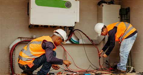 안전모와 안전 조끼를 입은 두 남자가 전기 장비를 작업하고 있습니다 사진 Unsplash의 기술 이미지