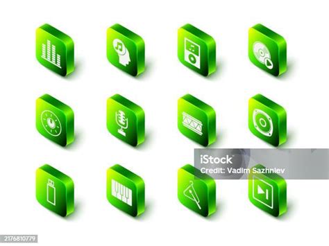 인간의 머리 플레이어 비닐 디스크 스테레오 스피커 빨리 감기 드럼 삼각형 악기 및 신디사이저 아이콘에 음표를 설정합니다 벡터 3차원 형태에 대한 스톡 벡터 아트 및 기타