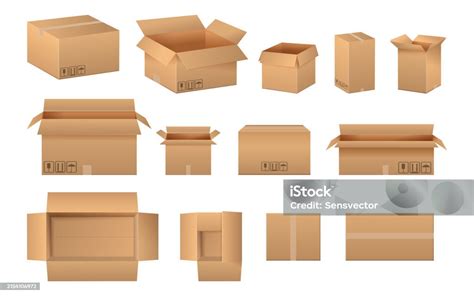 깨지기 쉬운 우산 기호가 있는 상자는 조심스럽게 다루십시오 덕트 테이프가 있는 사실적인 판지 패키지의 벡터 격리 세트입니다 배송 및 운송을 위한 빈 소포의 측면 및 평면도