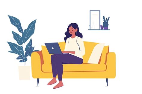 A Woman On A Yellow Couch With A Laptop On Her Lap Premium Ai