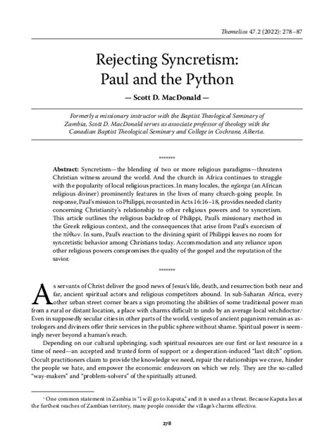 Pdf Rejecting Syncretism Paul And The Python