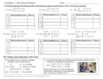 Pre Calculus H Section HW WS Piecewise Functions TPT