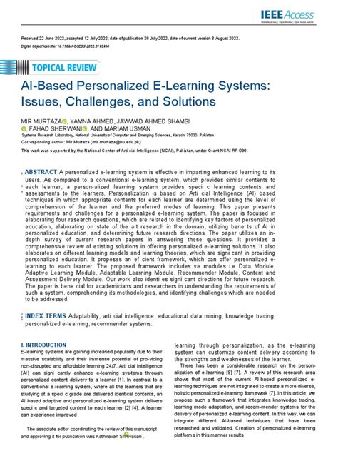Ai Based Personalized E Learning Systems Issues Challenges And