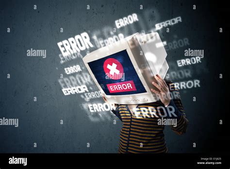 Female Monitor Head With Error Signs On The Display Screen Stock Photo Alamy