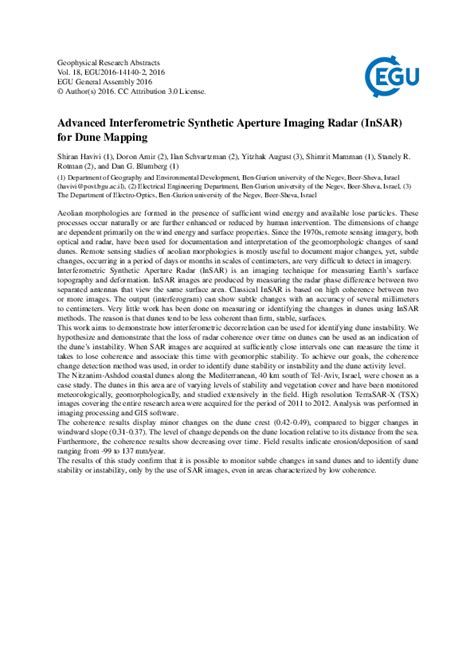 Pdf Advanced Interferometric Synthetic Aperture Imaging Radar Insar For Dune Mapping