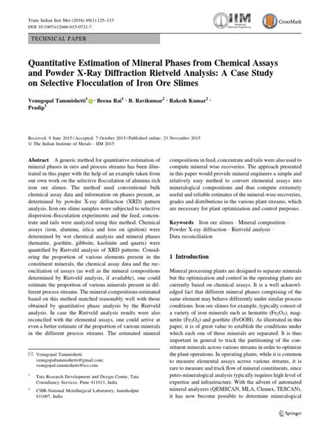 quantitative estimation of mineral phases from chemical assays and