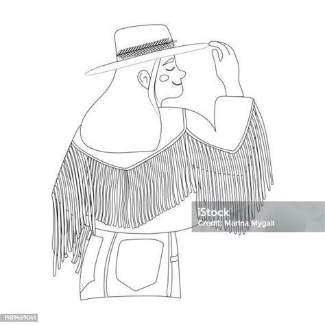 모자를 쓴 카우보이 소녀 카우보이 재킷을 입은 여자 와일드 웨스트 컨셉 벡터 윤곽선 그리기 Accessories Council에 대한 스톡 벡터 아트 및 기타 이미지