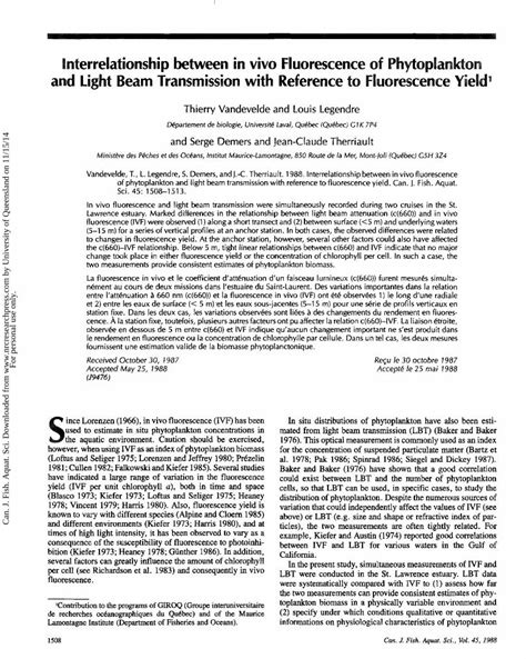 Pdf Interrelationship Between In Vivo Fluorescence Of Phytoplankton