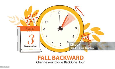 2024년 11월 3일 한 시간 뒤로 돌아가는 시계와 날짜가 있는 달력을 보여주는 Fall Backward 배너 알림 가을 장식과 함께 뒤로 벡터 일러스트 레이 션 정보