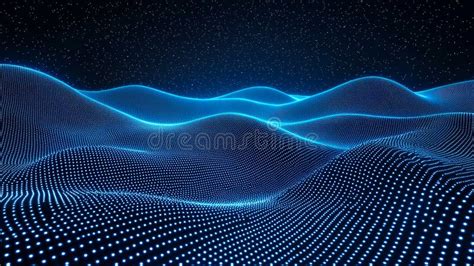 Abstract Digital Background With Glowing Blue Particle Waves And Flowing Grid Landscape Under