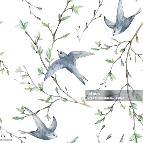 새와 나뭇 가지가 완벽 한 패턴을 봄에 낳습니다 날쌘돌이 나뭇잎과 나뭇가지 수채화 장식으로 그려진 새싹 직물 직물 벽지 및 포장지 디자인을 위한 템플릿 갈색에 대한 스톡