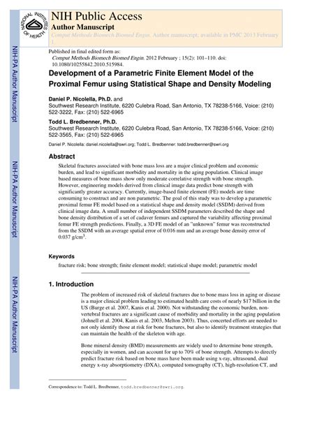 Pdf Development Of A Parametric Finite Element Model Of The Proximal Femur Using Statistical