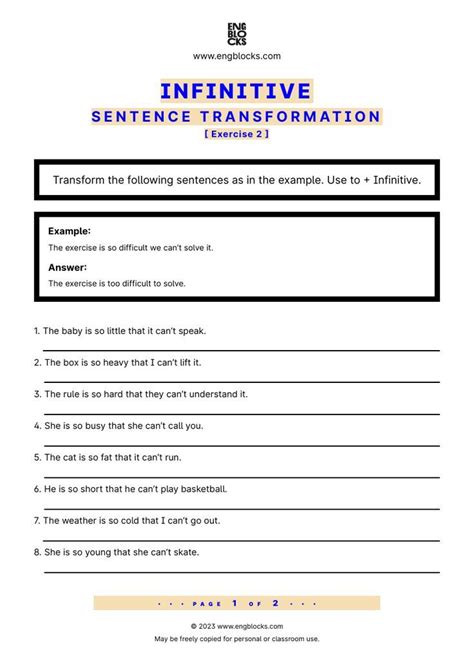Sentence Transformation Using The Infinitive Exercise 2 Esl