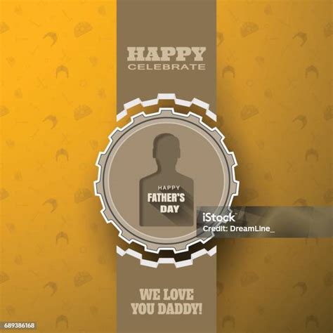 기어 레이블이 해피 아버지의 날의 벡터 인사말 종이 공예 종이 리본 패턴 그라데이션 노란색 배경에서 고 종이 갈색 도형 그림자를