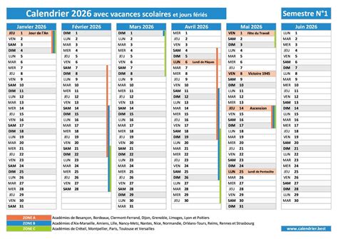 📅 Calendrier 2026 à Imprimer Vacances Scolaires Jours Fériés Et