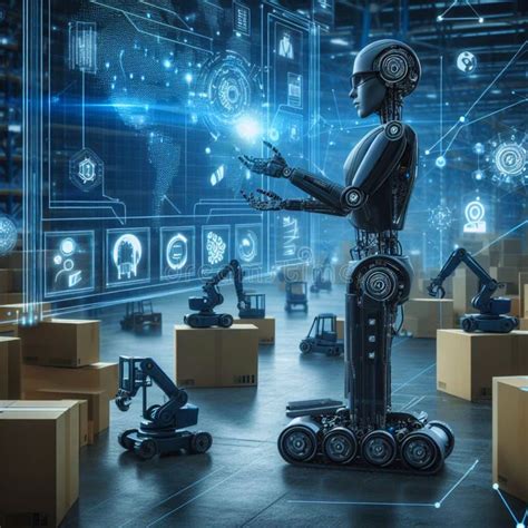 Robotic Arm Handling A Cardboard Box In The Warehouse Stock
